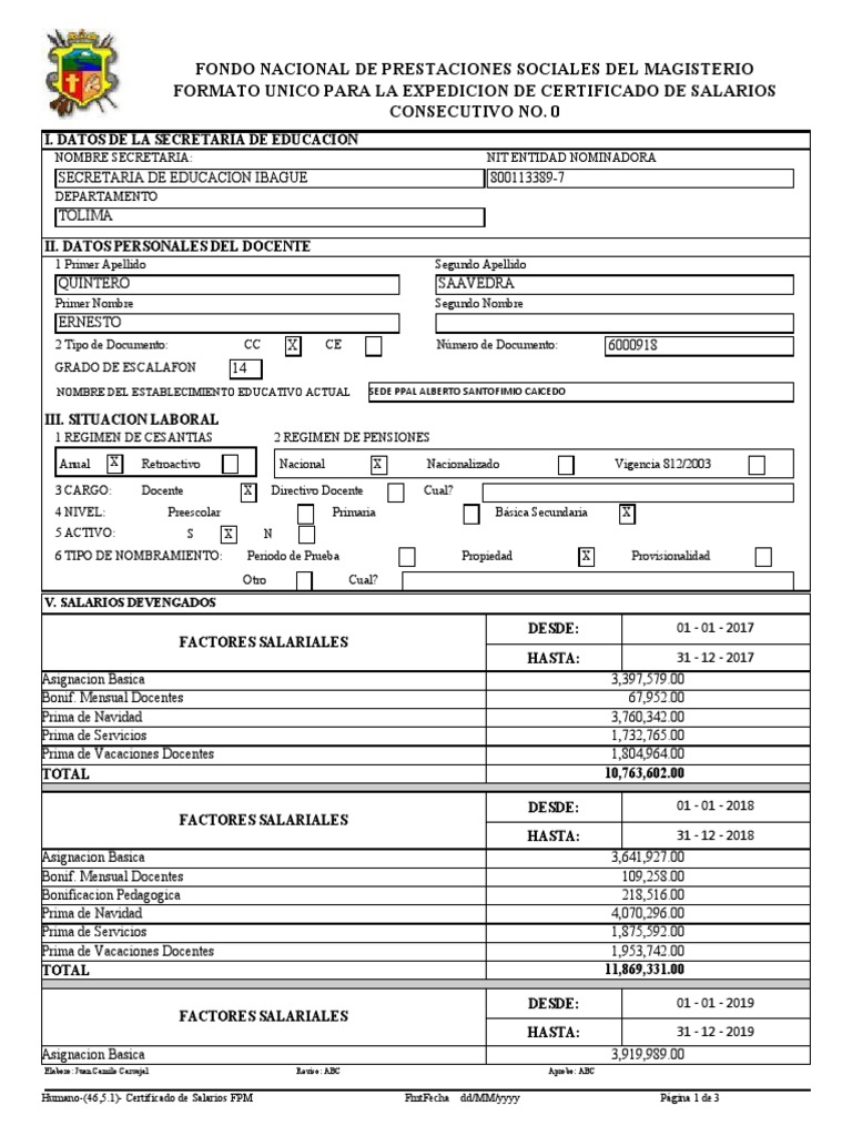 Certificado Salarial Docente 2017-2020 | PDF