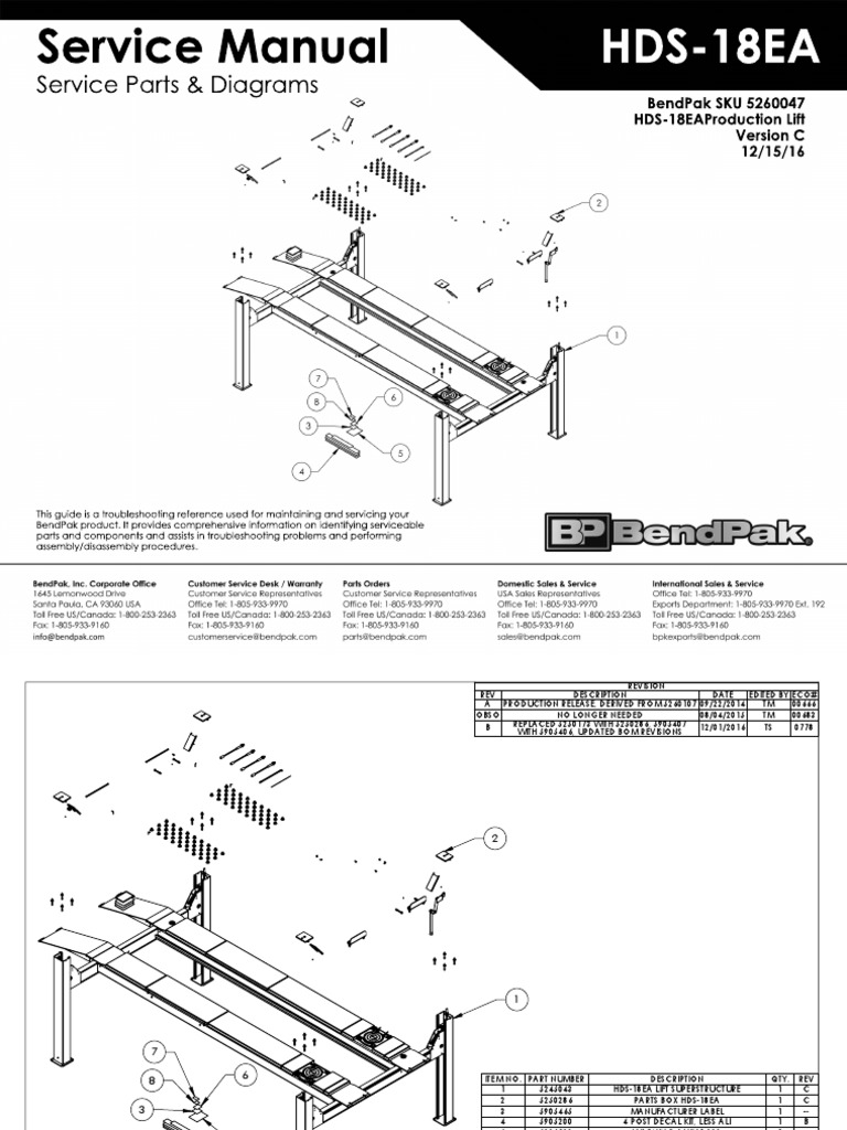 BendPak 5260047 HDS 18EA Alignment Lift Exploded View Parts List ...