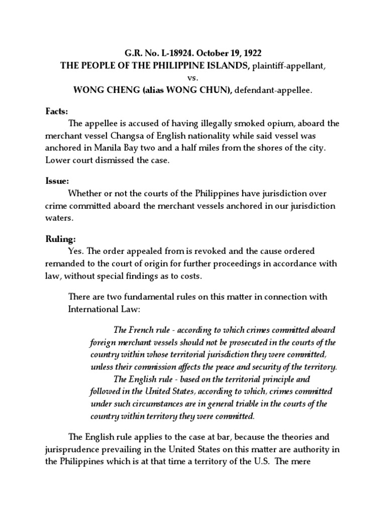 Jurisdiction in Opium Case: People v. Wong Cheng | PDF | Jurisdiction ...