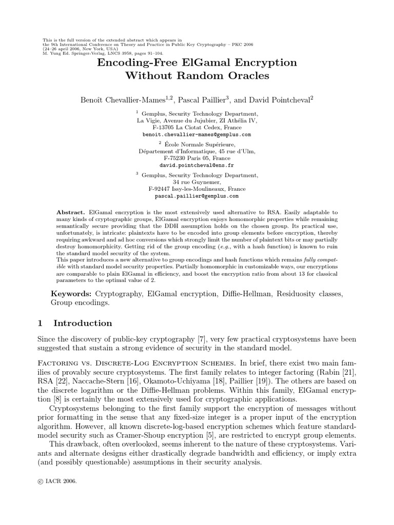 Encoding-Free Elgamal Encryption Without Random Oracles | PDF | Cryptography | Public Key ...