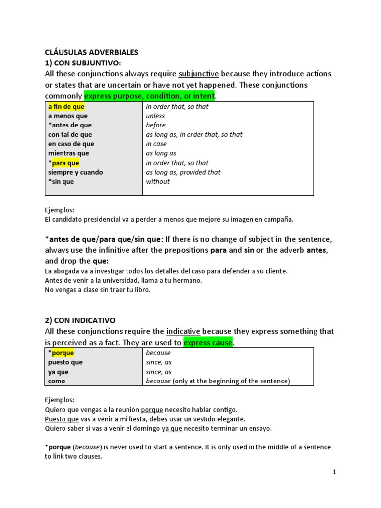 CLAUSULAS ADVERBIALES - Indicativo y Subjuntivo | PDF | Syntactic ...
