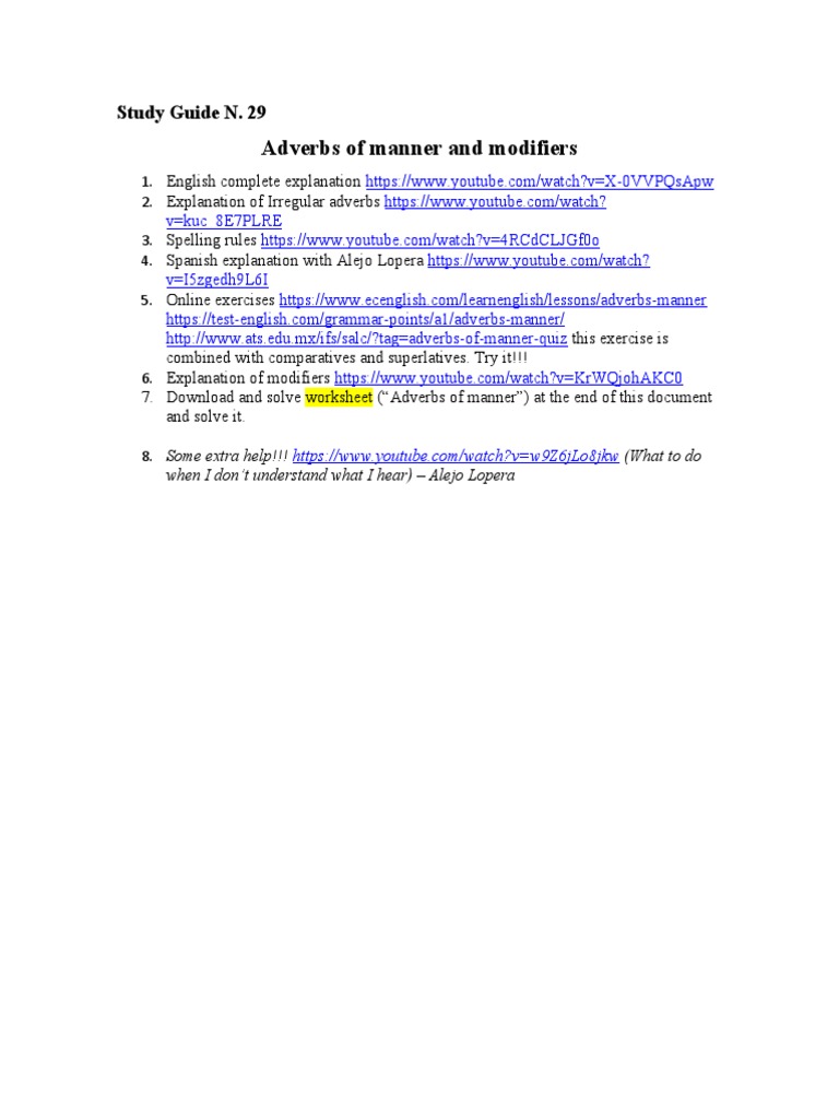 Adverbs of Manner & Modifiers Guide | PDF | Language Arts & Discipline