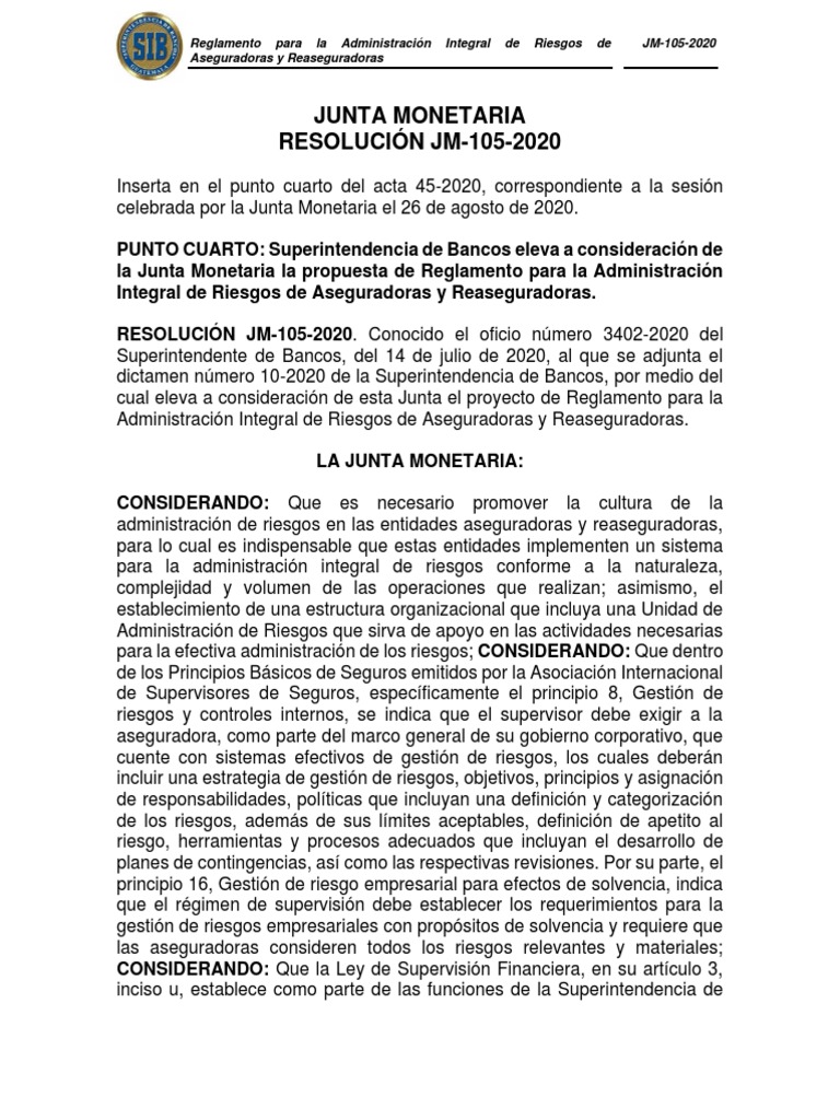 Reglamento para La Administración Integral de Riesgos ?? | PDF | Reaseguro | Seguro
