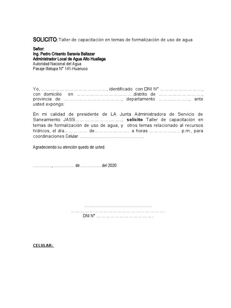 MODELO DE SOLICITUD Tallerr JASS | PDF