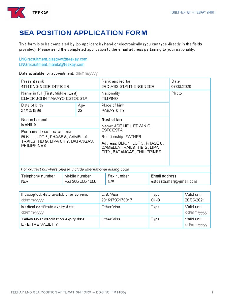 Sea Position Application Form: Dd/mm/yyyy | PDF | Liquefied Natural Gas ...