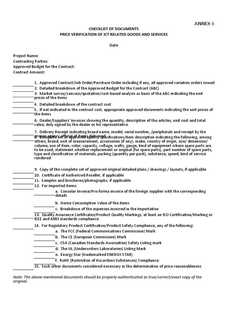 Annex 6 - ITAO CHECKLIST OF DOCUMENTS - GOODS & SERVICES PRICE ...
