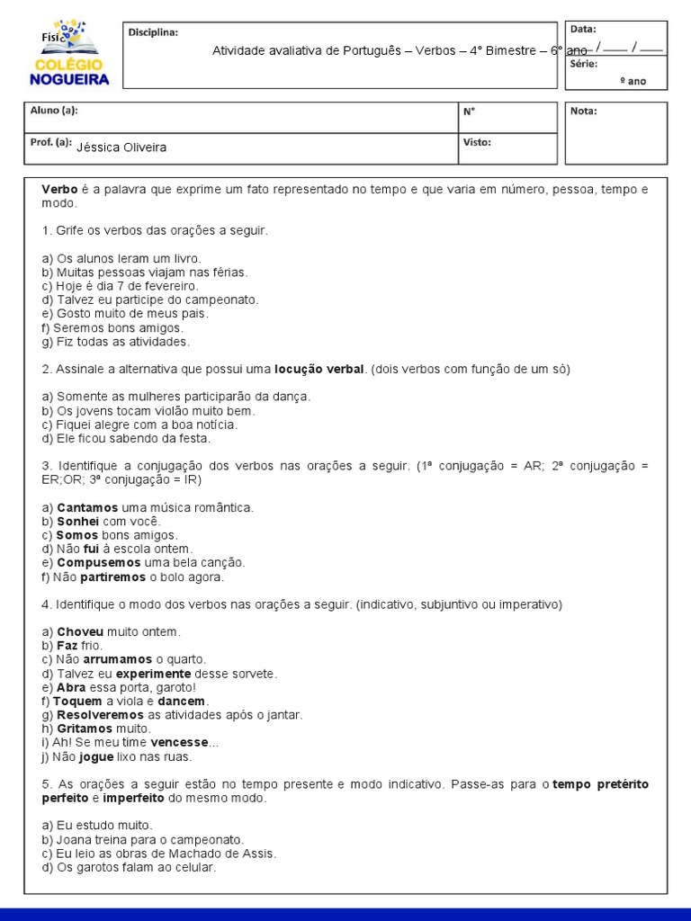 6 Ano Verbos Ativi Avalia | PDF | Tipologia linguística | Gramática