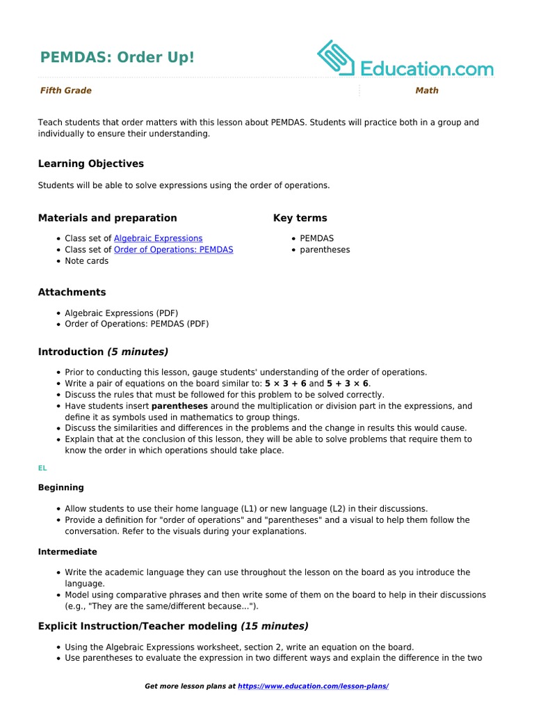 Pemdas Lesson | PDF | Education Theory | Teaching Mathematics