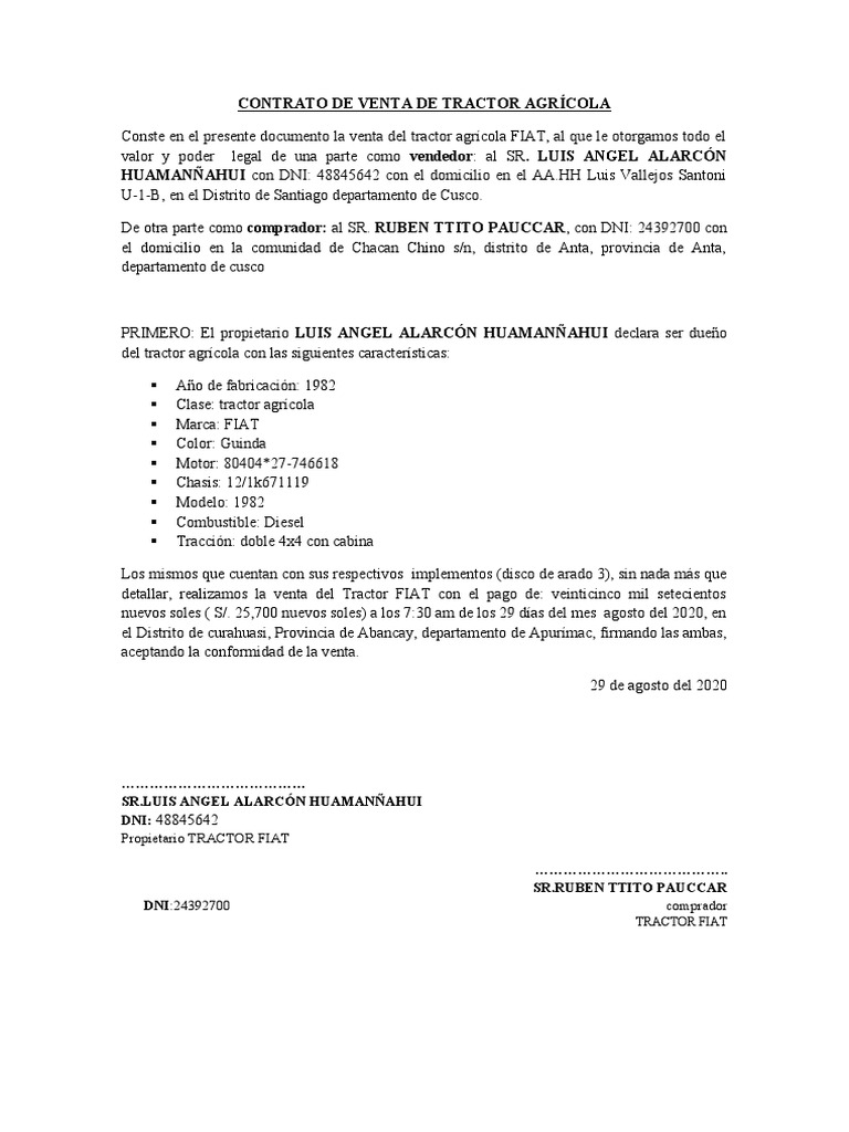 Contrato de Venta de Tractor Agrícola | PDF