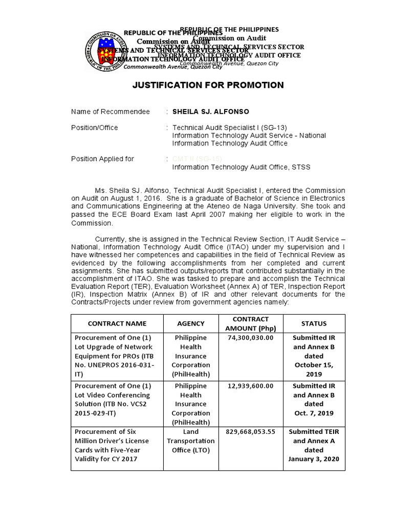 Promotion Justification for Sheila Alfonso | PDF | Audit | Business