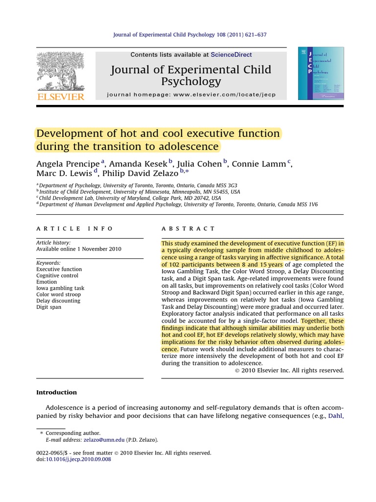 Development of Hot and Cool Executive Function During The Transition To Adolescence. | PDF ...