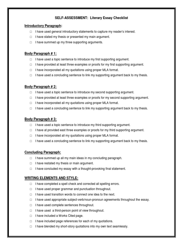 Self-Assessment Literary Essay Checklist | PDF