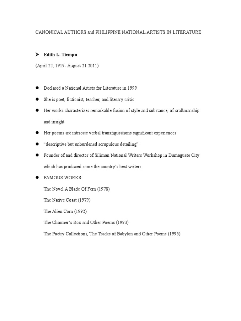 CANONICAL AUTHORS and PHILIPPINE NATIONAL ARTISTS IN LITERATURE | PDF ...