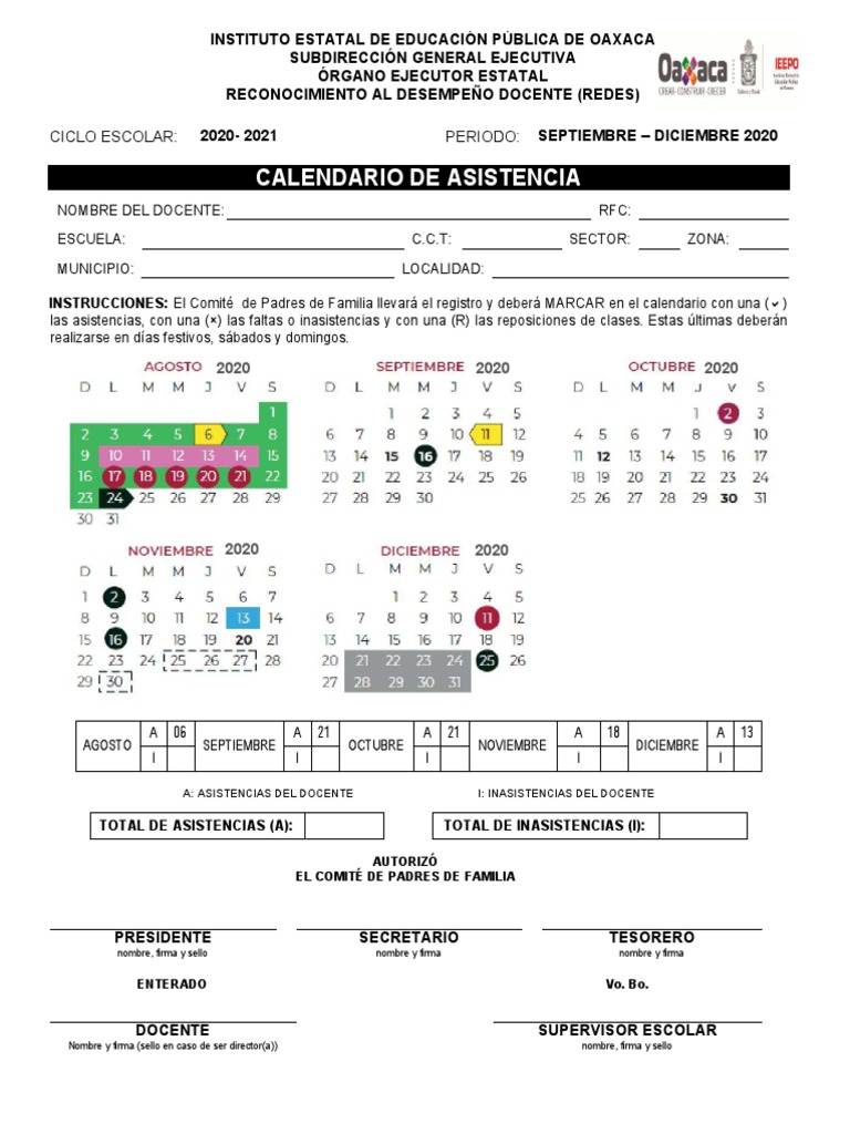 Calendario de Asistencia Escolar 2020-2021 | PDF | Educación avanzada