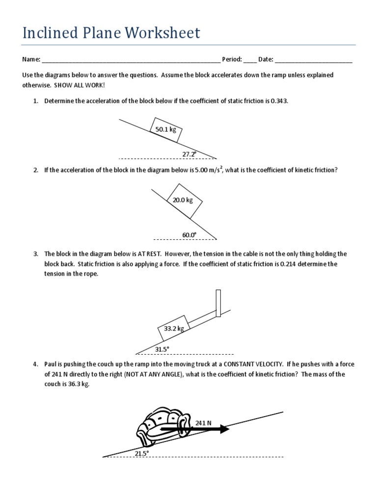 Inclined Plane Worksheet | PDF