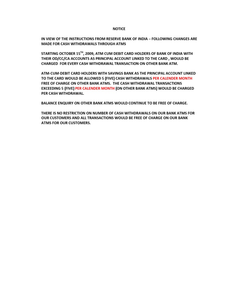 BOI ATM Withdrawal Charges Update | PDF