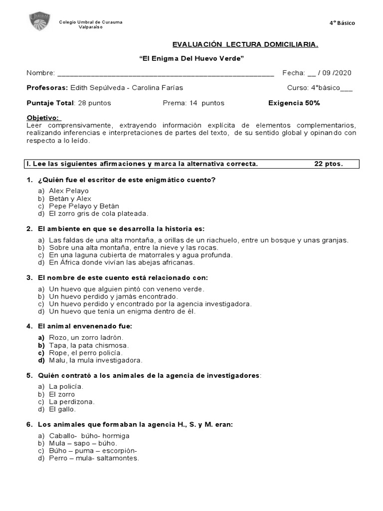 4° Básico Prueba Parcial El Enigma Del Huevo Verde | PDF | Pollo | Naturaleza