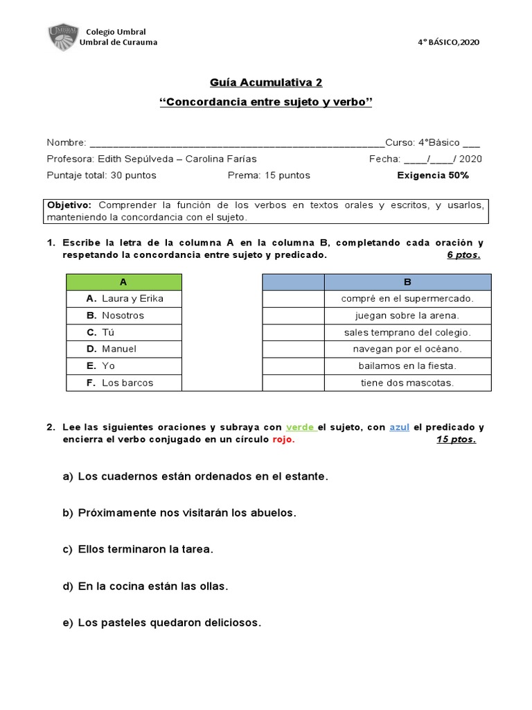 Concordancia entre Sujeto y Verbo | PDF | Asunto (gramática ...