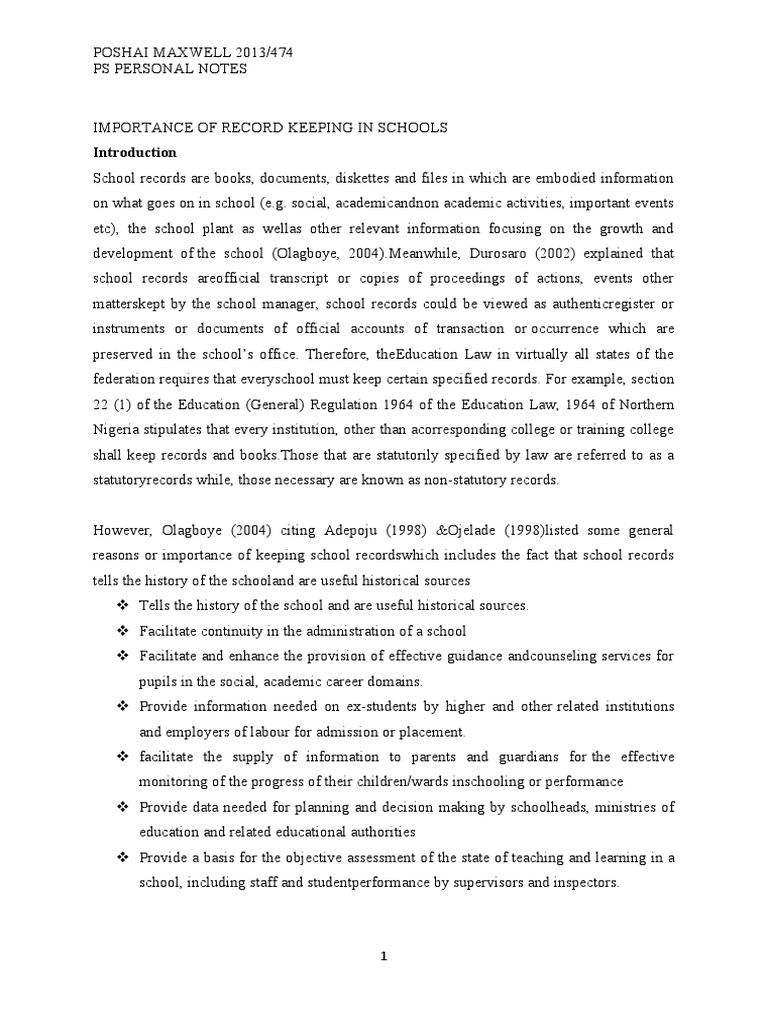 Importance of Record Keeping in Schools | PDF | Records Management ...