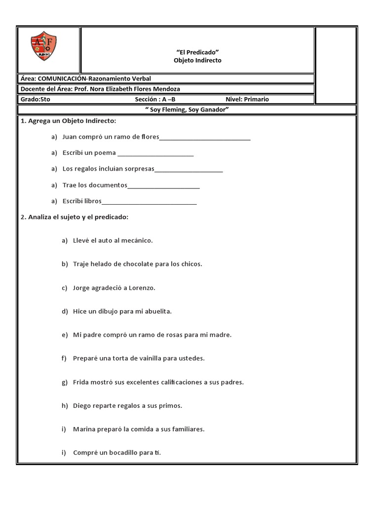 Ejercicios de Predicado y Objeto Indirecto | PDF