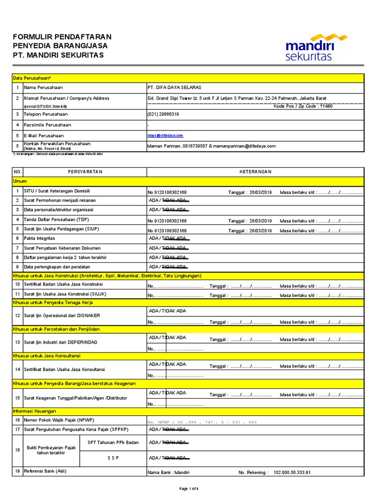 Formulir Pendaftaran Vendor - V2019 | PDF