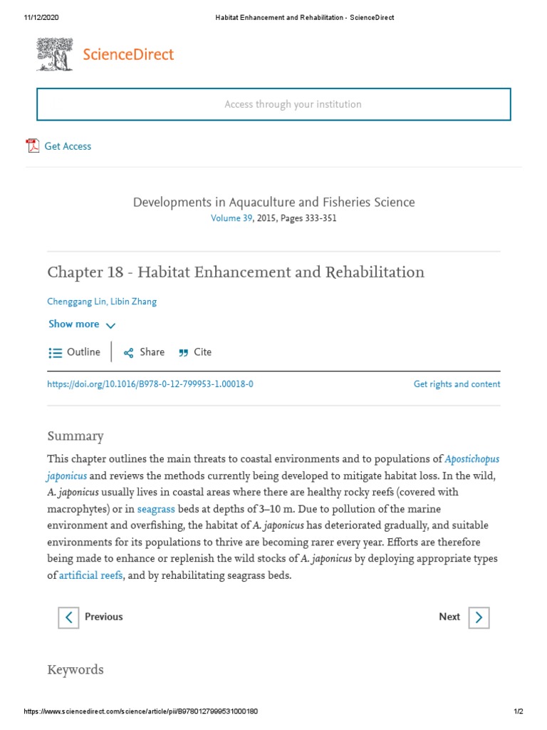 Habitat Enhancement and Rehabilitation - ScienceDirect | PDF | Habitat ...