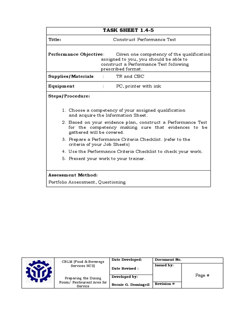 TASK SHEET 1.4-5 (Performance Test) | PDF | Restaurants | Foodservice