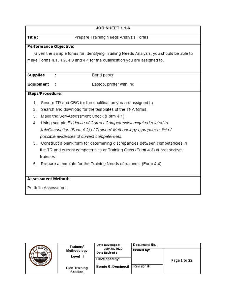 Training Needs Analysis Job Sheet | PDF | Restaurants | Occupational ...