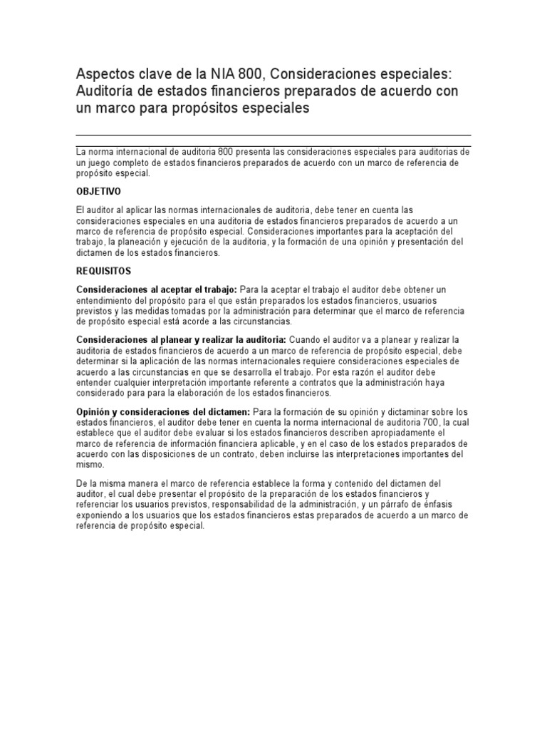 Aspectos Clave de La NIA 800 | PDF | Auditoría | Contralor