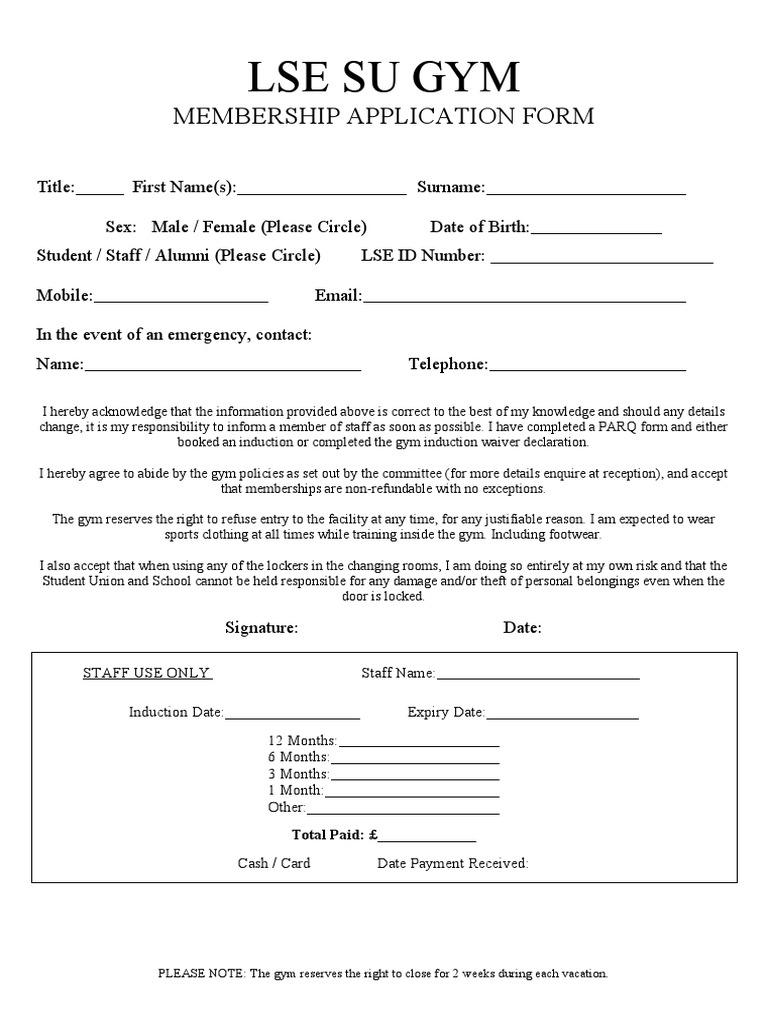 Lse Su Gym: Membership Application Form | PDF | Illness | Medical