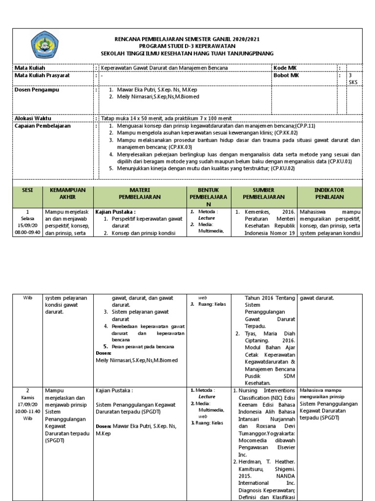 RPS Keperawatan Gadar Dan Manajemen Bencana D3 2020-2021 | PDF