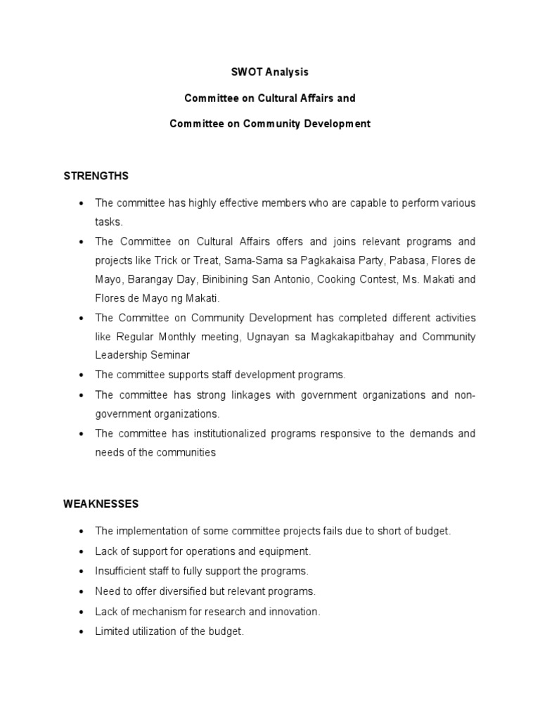 SWOT Analysis Committee On Cultural Affairs and Committee On Community ...