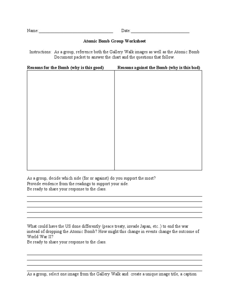Atomic Bomb Group Worksheet 442s | PDF