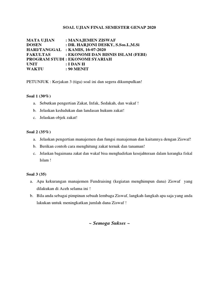 1 - SOAL UJIAN FINAL SEMESTER GENAP 2020 - Manajemen Ziswaf | PDF