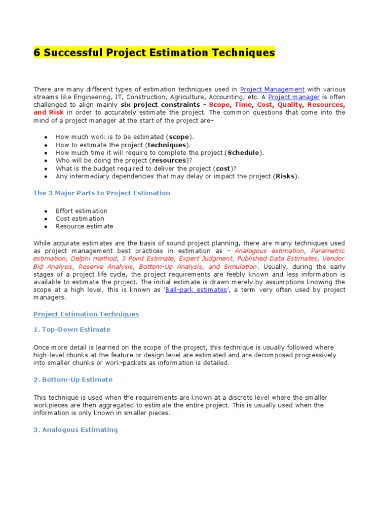 6 Successful Project Estimation Techniques Pdf Project Management Business