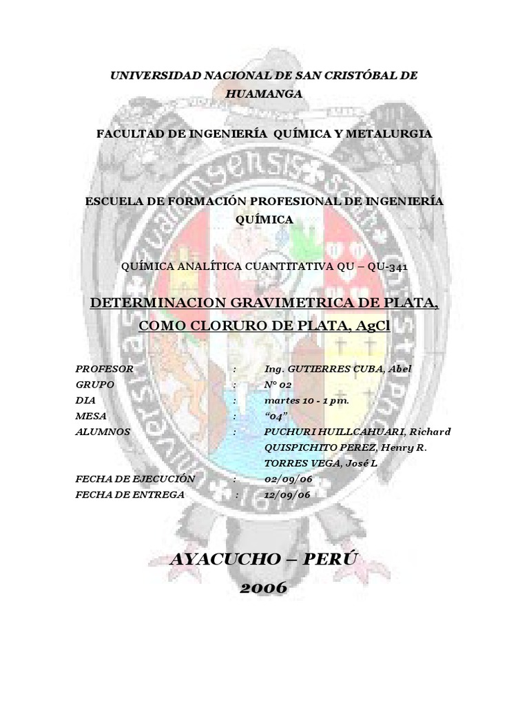 Analitica 04 - DETERMINACION GRAVIMETRICA DE PLATA, COMO CLORURO DE ...