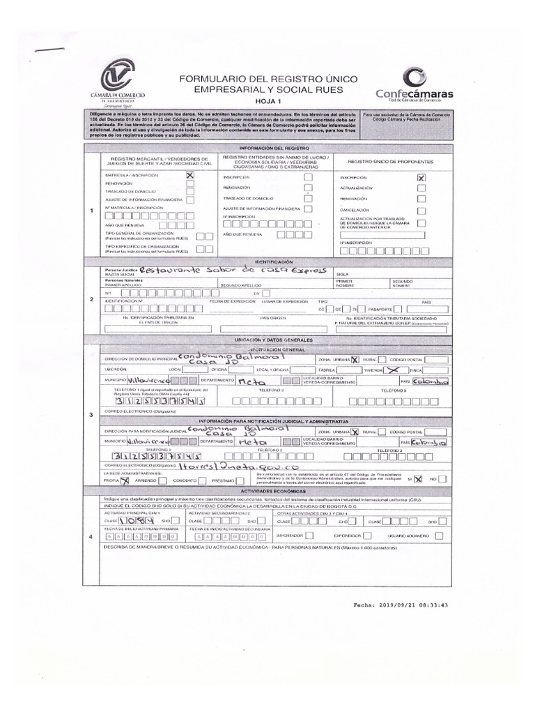 Formulario Registro Unico Empresarial y Social Rues | PDF