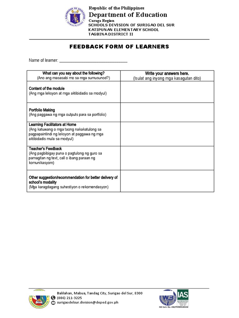 Feedback Form Learners | PDF