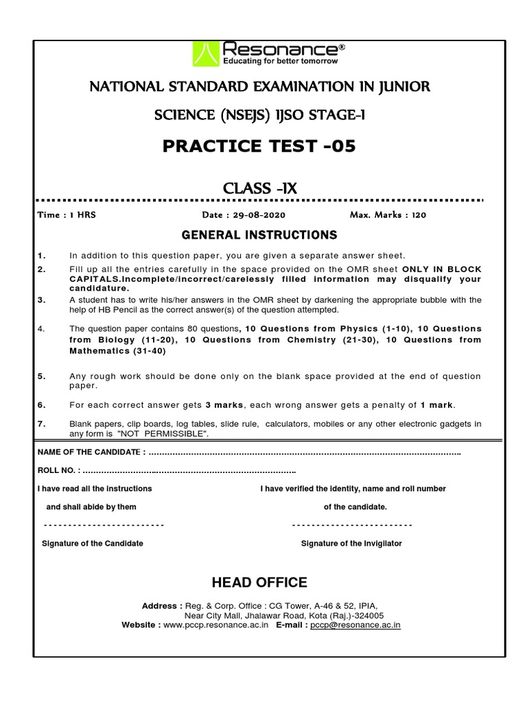 National Standard Examination in Junior Science (Nsejs) Ijso Stage-I ...