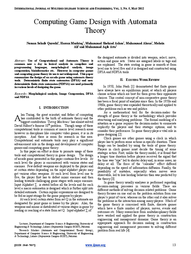 Computing Game Design With Automata Theo PDF | PDF | Automata Theory | Game Theory