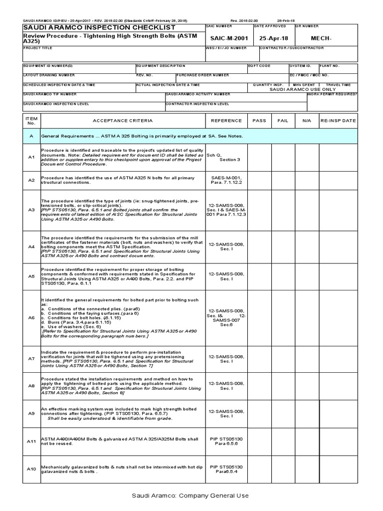 Saudi Aramco Inspection Checklist | PDF | Screw | Specification ...