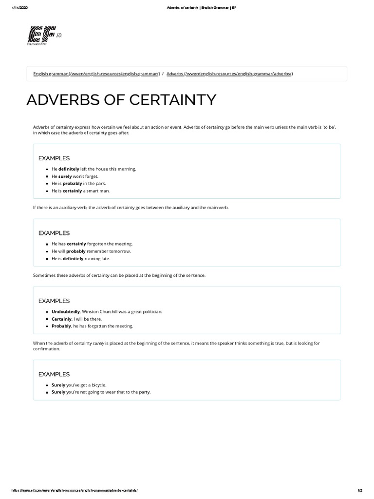 Adverbs of Certainty - English Grammar - EF | PDF