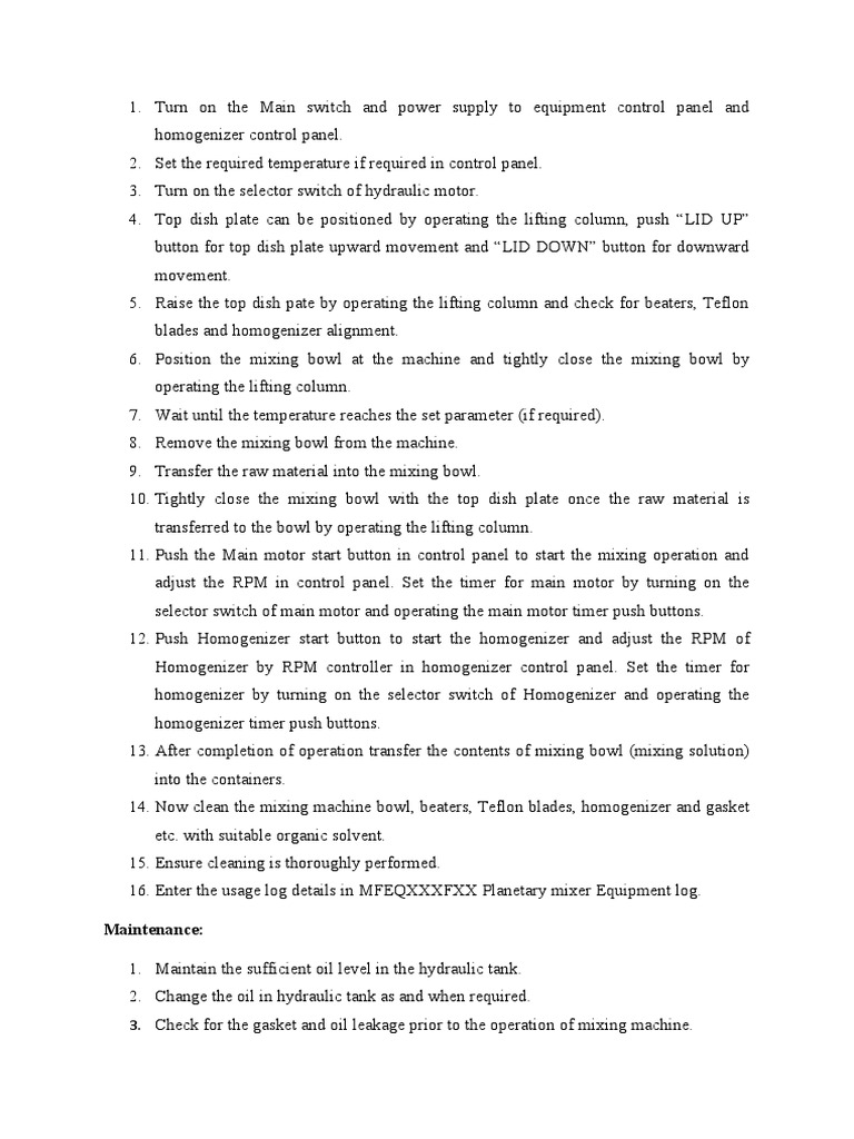 SOP For Sree Bhagwati Mixing Machine | PDF | Cooking, Food & Wine | Science & Mathematics