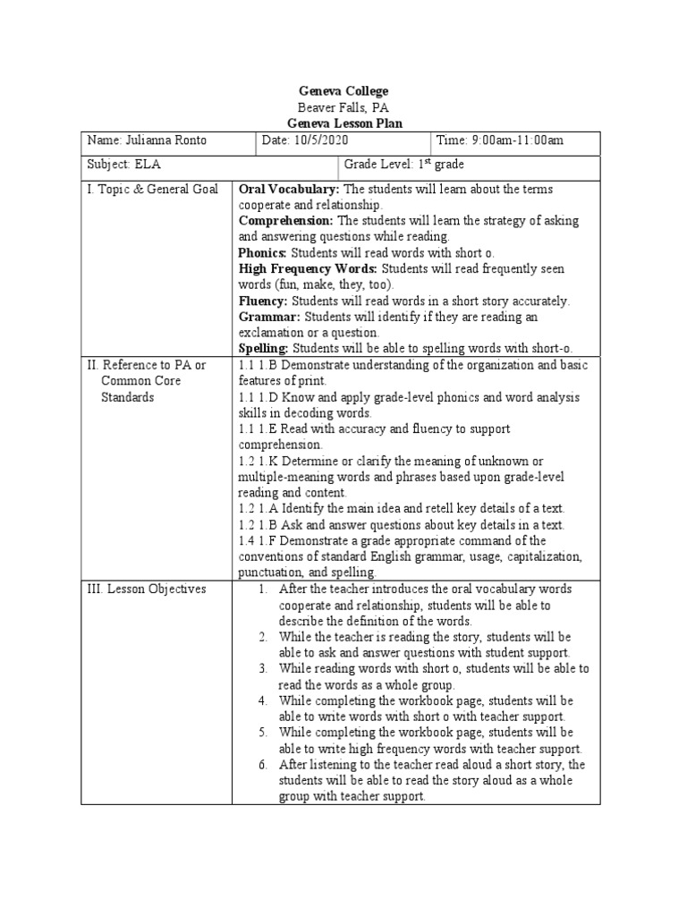 g1 Lesson Plan | PDF | Phonics | Reading Comprehension