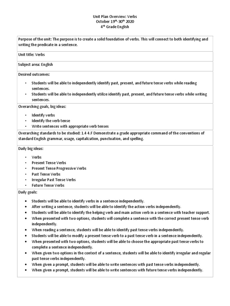 Verb Unit Plan | PDF | Grammatical Tense | Verb