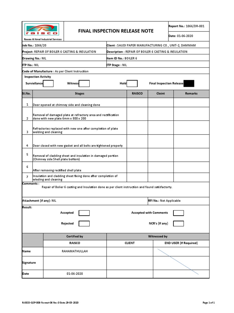 Final Inspection Release Note: Rawae Al Amal Industrial Services | PDF ...