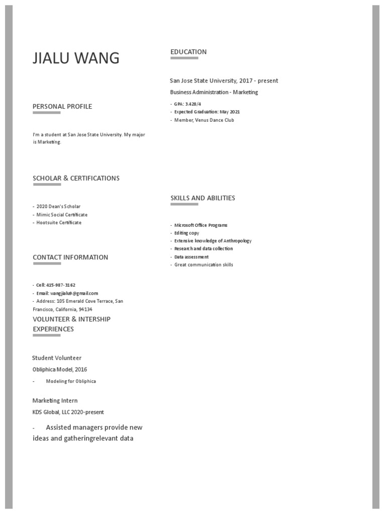 Resume Jialu Wang Word | PDF