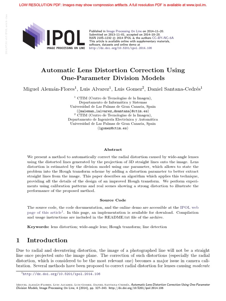 Automatic Lens Distortion Correction Using One-Parameter Division Models | PDF | Mathematical ...
