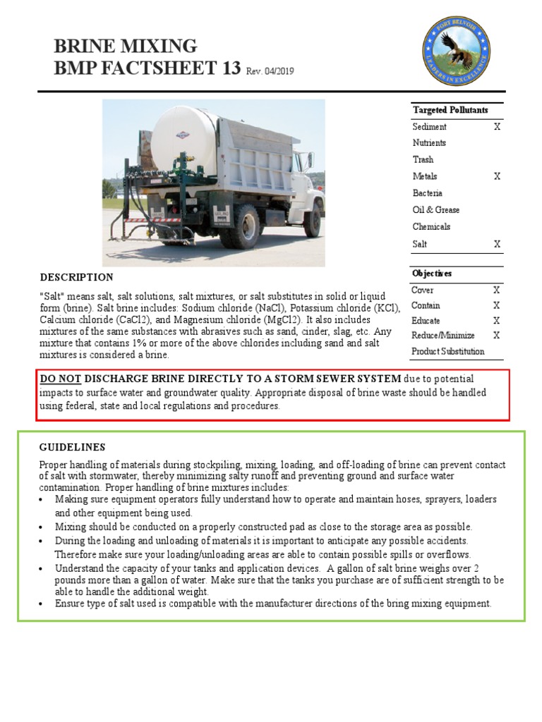 Brine Mixing BMP Factsheet 13: Description | PDF | Sodium Chloride ...