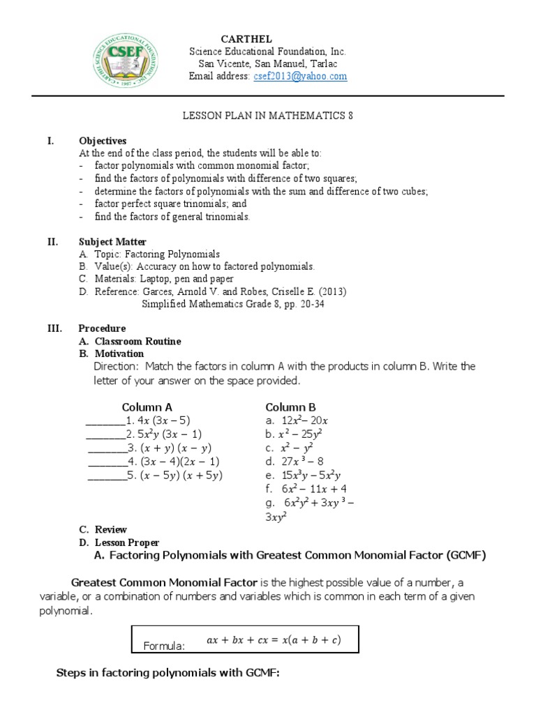 G8 Lesson Plan | PDF | Factorization | Algebra